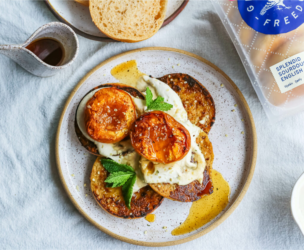 English Muffin French Toast with Roasted Peaches and Cashew Cream