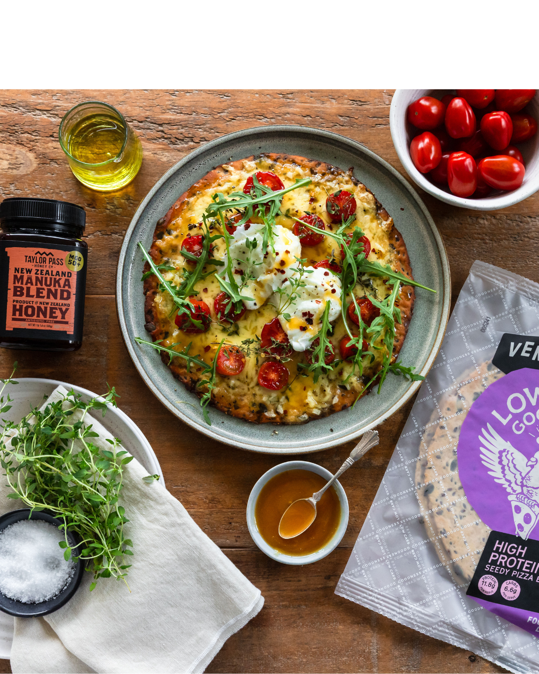 Taylor Pass honey, mozzarella, cherry tomato and thyme high-protein pizza - Venerdi